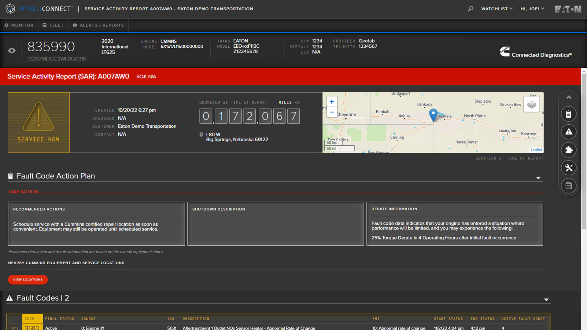 Eaton IntelliConnect analyzing Cummins engine maintenance fault codes ...